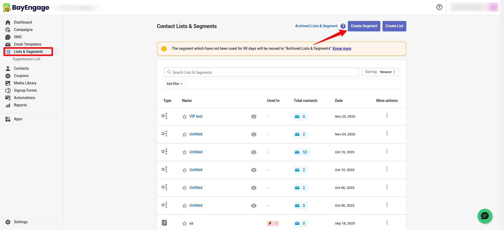 How to segment contacts by SMS Area Code in BayEngage